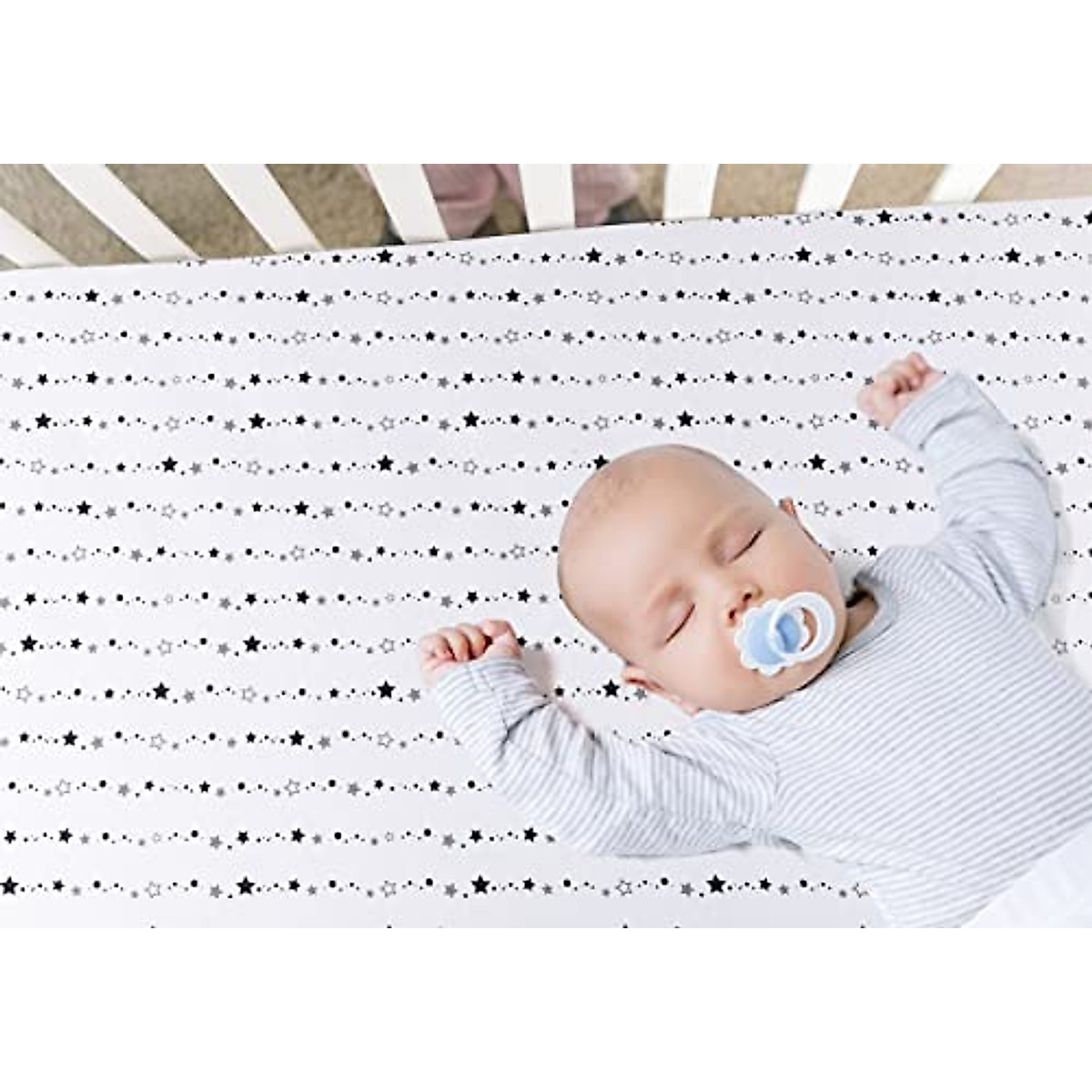 FIGEPO 4 Pack Star and Moon Neutral Unisex Fitted Baby Crib Sheets Set for Baby Boys or Girls (White)