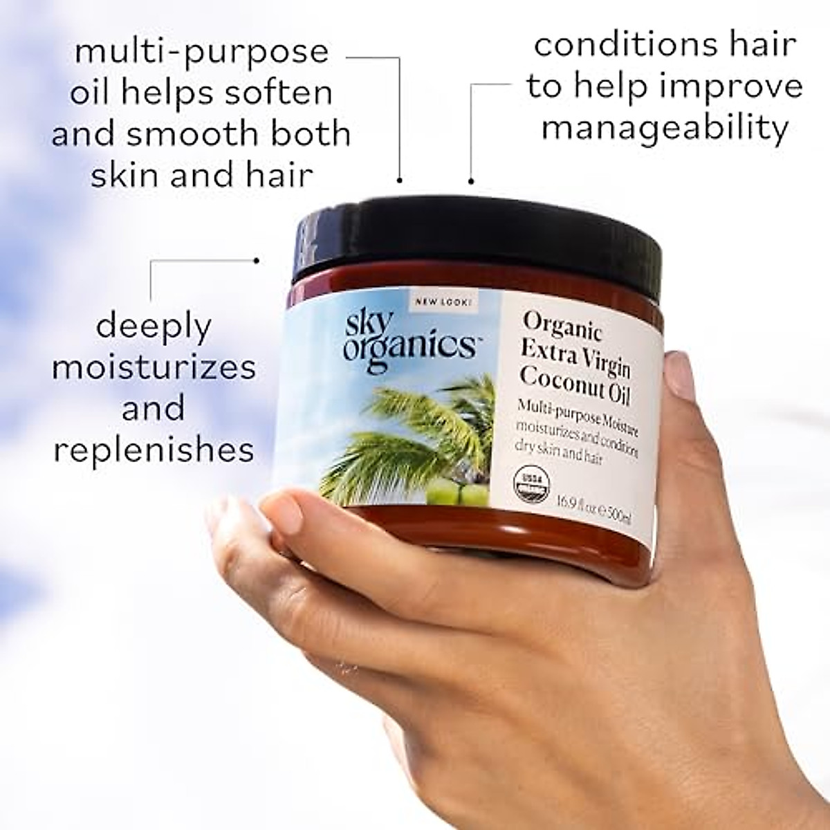 Sky Organics Organic Extra Virgin Coconut Oil for Hair & Skin, 100% Pure & Cold Pressed USDA Certified Organic to Moisturize, Soften & Nourish, 16.9 fl. Oz