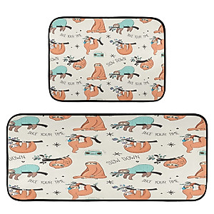 ALAZA Vintage Funny Sloth 2 Piece Kitchen Rug Floor Mat Set Runner Rugs Non-Slip for Kitchen Laundry Office 20" x 28" + 20" x 48"
