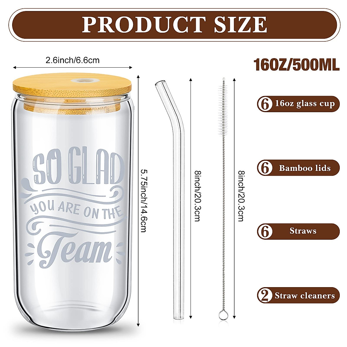 Purpeak 6 Set Employee Appreciation Gifts Thank You Gifts for Staff Coworker Thank You Glass Cups 16 oz Can Shaped Beer Glass with Lids Straws Brushes for Team Teacher Nurse(Inspirational Style)