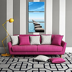 Kreative Arts - Zen Stone Canvas Wall Art Seascape Picture Prints Vertical Triptych Stretched on Wood Frame for Home and Office Decor Wall Hanging 12x20inchx3pcs