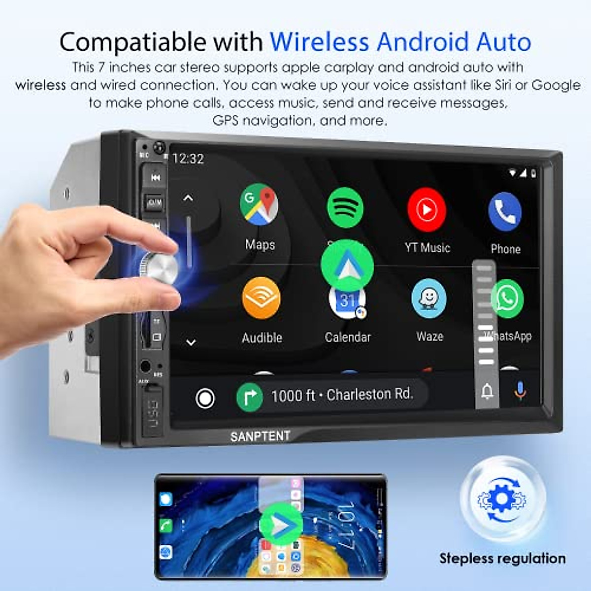 SANPTENT Double Din Car Stereo with Wireless Apple CarPlay & Android Auto, 7-Inch FHD Touchscreen Car Audio Receiver with Rear Camera, Subwoofer, FM Car Radio, USB/AUX/TF Input, Mirror Link, Bluetooth