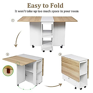 VANSPACE Folding Dining Table Drop Leaf Kitchen Table for Small Spaces with 2 Tier Storage Racks Multifunction Space Saving Table Extension Dinner Table Wood and White (Stools not Included)