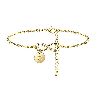 Gold Initial Bracelets for Women, Dainty 14K Gold Filled Layered Paperclip Chain Letter Initial Bracelet 26 Alphabet Disc Charm Bracelet Jewelry Gifts for Women-C