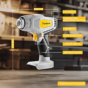 Cordless Heat Gun for Dewalt 20v Battery, Foodone Hot Air Gun with LCD Digital Display up to 1120℉(600℃), Pistola de Calor Portable Heat Shrink Gun with 5 Nozzles for Shrink Tubing,Crafting,Vinyl Wrap