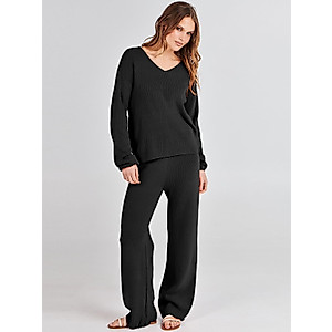 ANRABESS Women 2 Piece Outfits Sweater Lounge Sets Long Sleeve Cable Knit Pullover and Wide Leg Pants Tracksuit Matching Set Black Small
