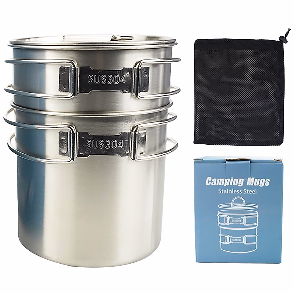 DZRZVD Camping Cups and Mugs Pot 2Pcs -304 Food Grade Stainless Steel - Outdoor Cookware Set with Vented Lid -33oz Big+24oz Small for Backpacking Picnic Hiking