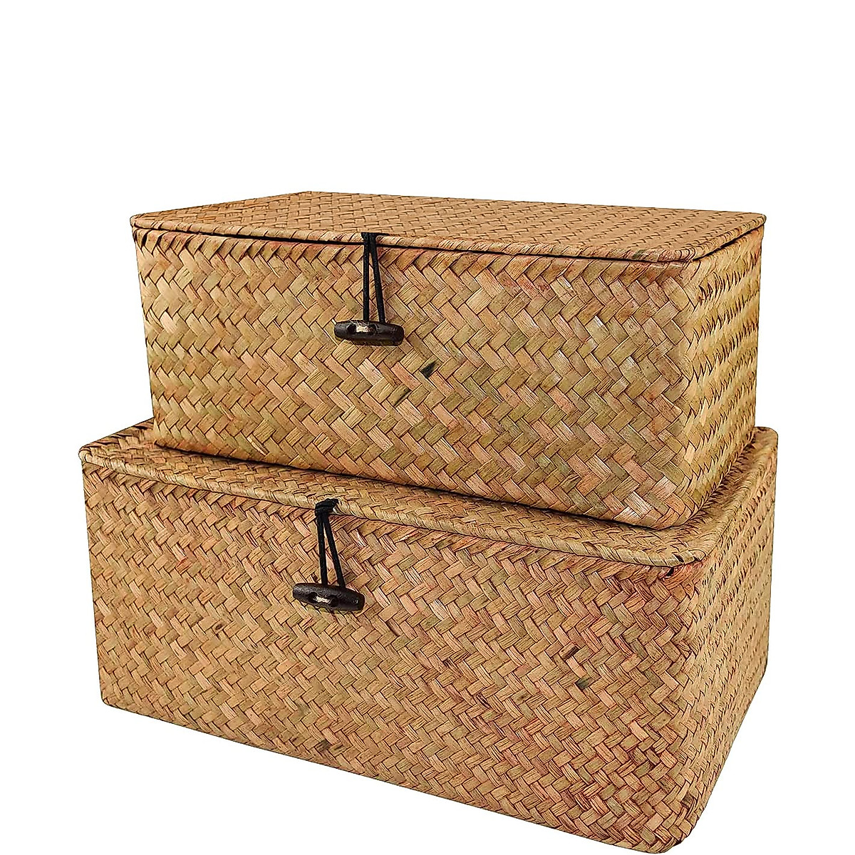 Sobotoo Wicker Storage Basket with Lid, Natural Hand-woven Rattan Storage Box, Rectangular Household Organizer Boxes Shelf Wardrobe Organizer (L+XXL)