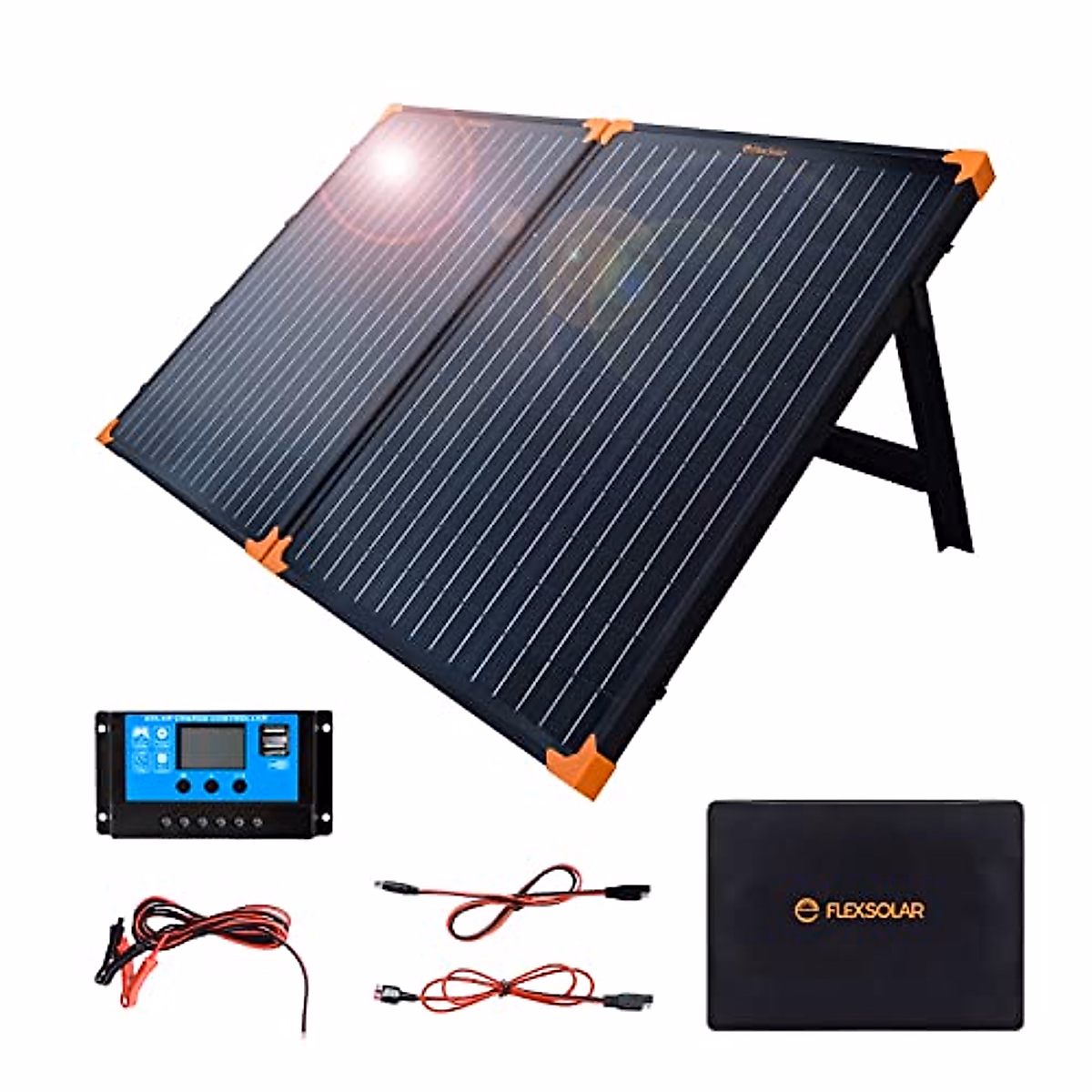 FlexSolar 100W Solar Panel Charger with 20A PWM Charger Controller, SAE 8mmDC Anderson Output IP65 Waterproof Foldable Suitcase with Kickstand Power Emergency for Battery Generator Power Station