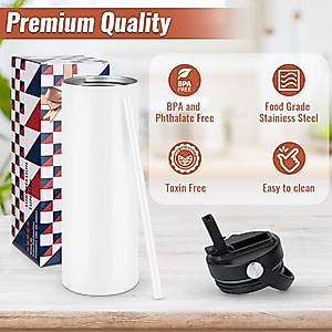 IMMERROT 24 Pack 20 OZ Sublimation Tumblers Skinny Straight, Sublimation Sport Water Bottles Blanks Stainless Steel Double Wall Insulated Cups Bulk with Straw Lids DIY for Gift (24 Pack-White)