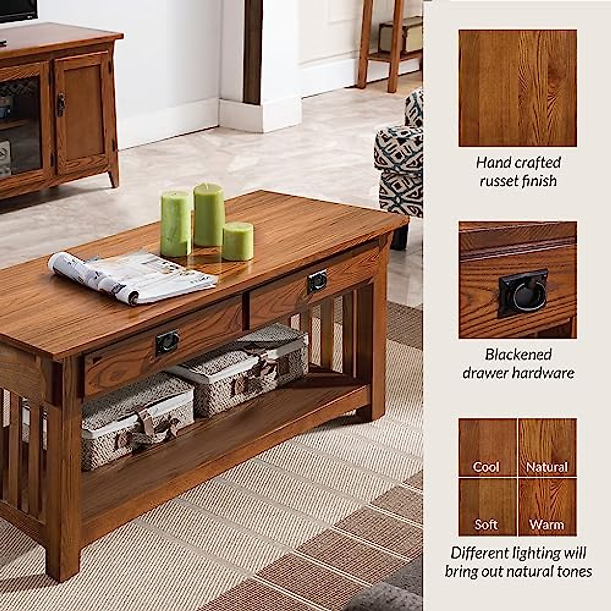 Leick Home 8204 Mission Impeccable Coffee Table for Living Room, Two Drawers and Shelf, Made with Solid Wood, Medium Oak Finish