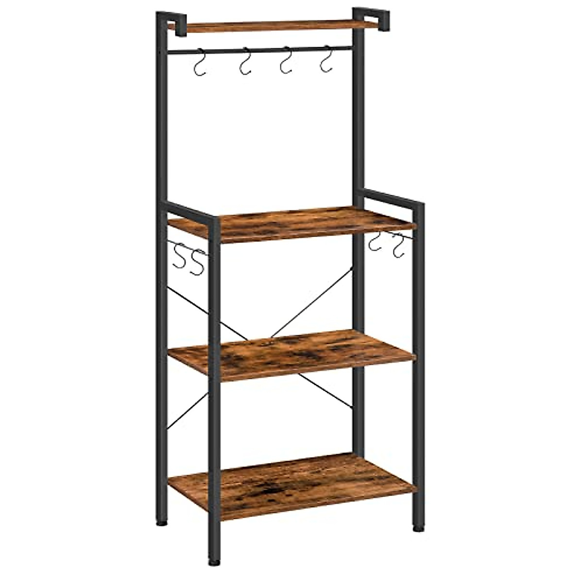 HOOBRO Bakers Rack for Kitchen, 4 Tier Microwave Stand with Storage, Multifunctional Baker's Rack with 8 Hooks, Wooden Kitchen Storage Shelf, Stable Metal Frame, Easy Assembly, Rustic Brown BF04HB01