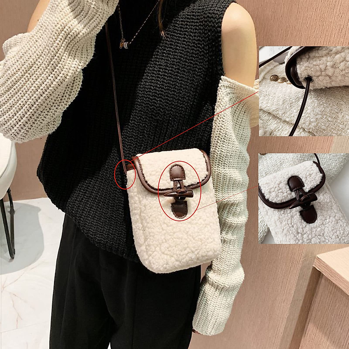 Women's Sherpa Cellphone Crossbody Purse, Teddy Fleece Small Shoulder Bag, Winter Trendy Phone Wallet (Khaki)