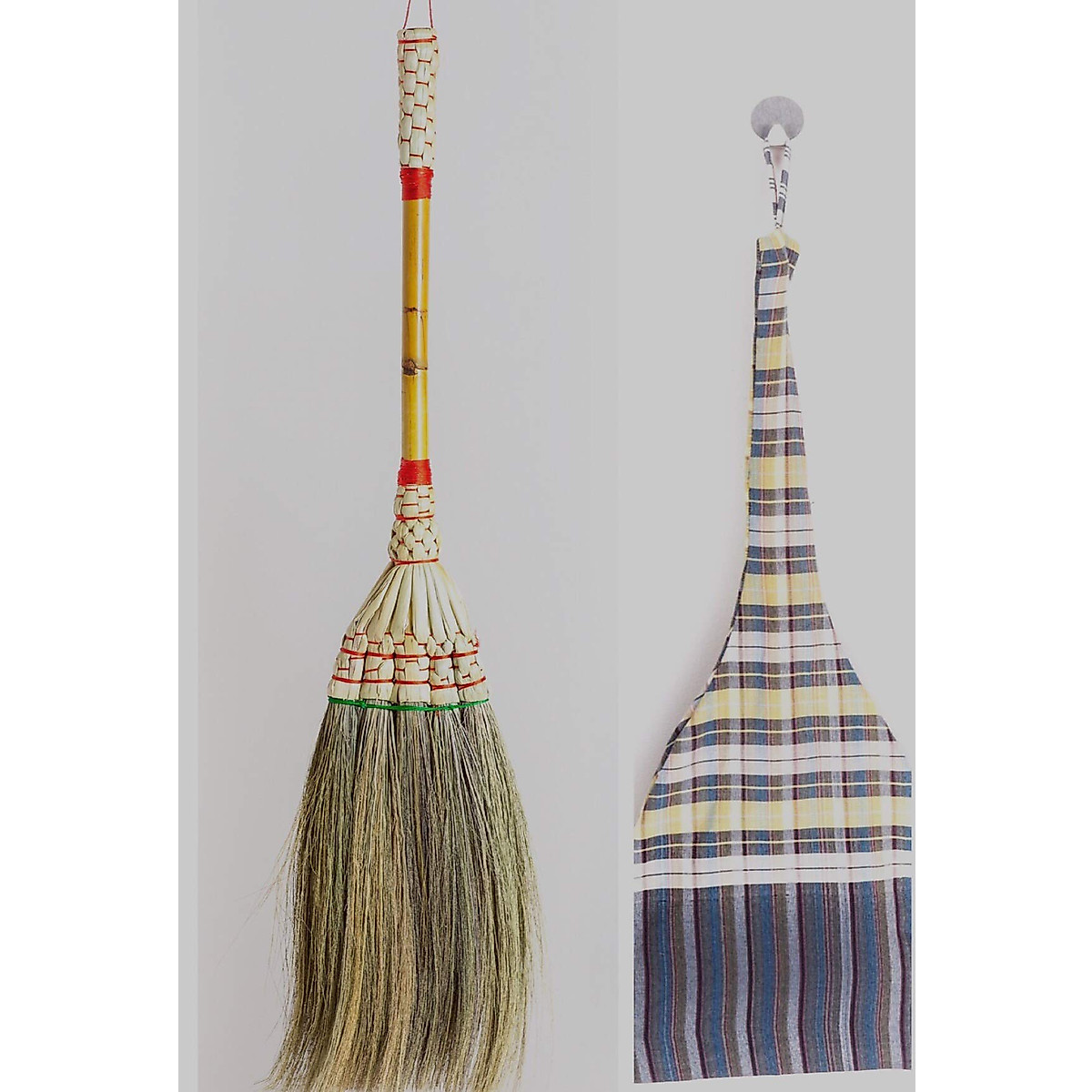 SKENNOVA - 34" of Small Natural Grass Broom for RV's, Cabin & Tents Design Vintage Style of Bamboo Stick Embroidered Woven Thread Nylon Hand Grip Dry Banana Leaf