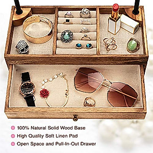 Emfogo Jewelry Organizer Stand Wood Basic Jewelry Drawer Storage Box with Double Rods & 6 Tier Jewelry Tree Stand Holder for Necklaces Bracelet Earring Ring Display(Carbonized Black)