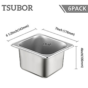 6 Set Stainless Steel Hotel Pans 1/6 Size 4 Inch Deep With Lids, Anti-Jam Chafing Steam Table Pans, Catering Food Storage Metal Pan