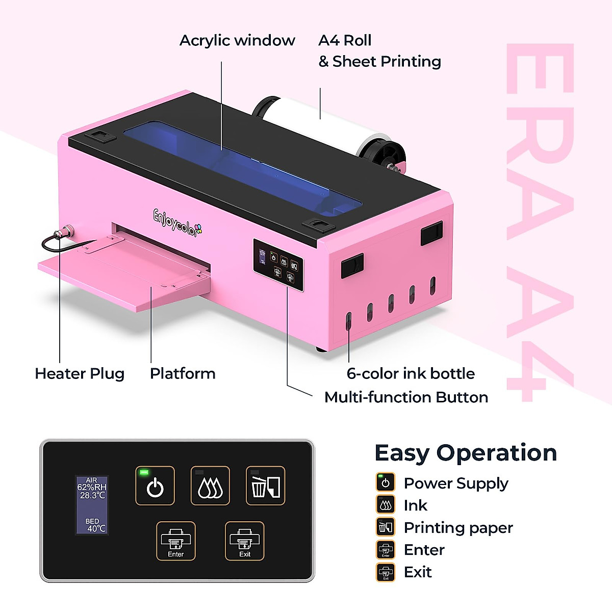 EnjoyColor A4 DTF Printer with Roll Feeder, DTF Transfer Printer Machine for Dark and Light Fabric Printing, Pink