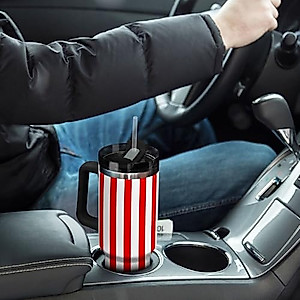Flradish 40oz Tumbler with Handle, Red White Stripes Stainless Steel Tumbler with Lid and Straws Double Wall Vacuum Insulated Leakproof Coffee Travel Mug