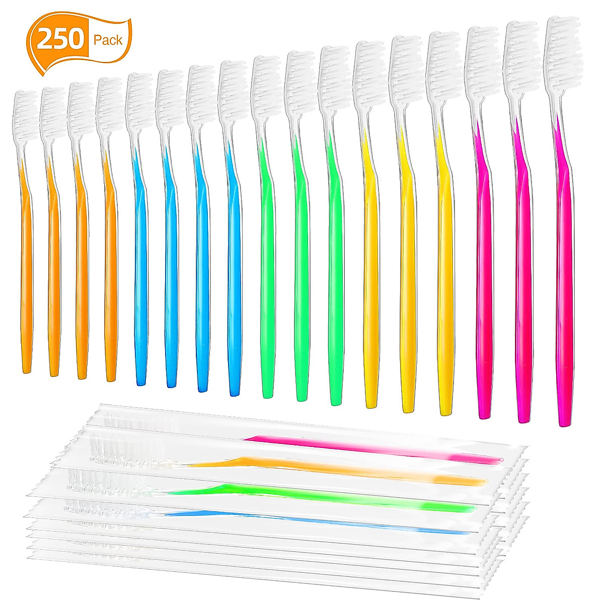 250 Pcs Disposable Toothbrushes Individually Wrapped Toothbrushes Bulk Travel Size Toothbrush Soft Bristle Tooth Brushes Set Medium Manual Packaged Toothbrushes for Adult Kid Hotel Toiletries, 5 Color