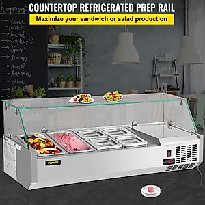 VEVOR Refrigerated Condiment Prep Station, 48-Inch, 10.8Qt Sandwich Prep Table with 2 1/3 Pans & 4 1/6 Pans, 146W Salad Bar with 304 Stainless Body Tempered Glass Shield Digital Temp Display Auto Defr