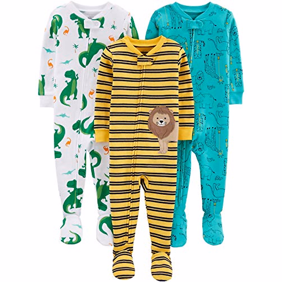 Simple Joys by Carter's Baby Boys' 3-Pack Snug Fit Footed Cotton Pajamas, Dinosaur/Double Stripe/Forest Animals, 24 Months