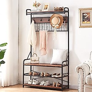 HOMISSUE 5-In-1 Entryway Hall Tree with Shoe Bench, Coat Rack with 11 Hooks and 2 Hanging Rods, Grid Panel for Memo and Photo Display, Brown Finish