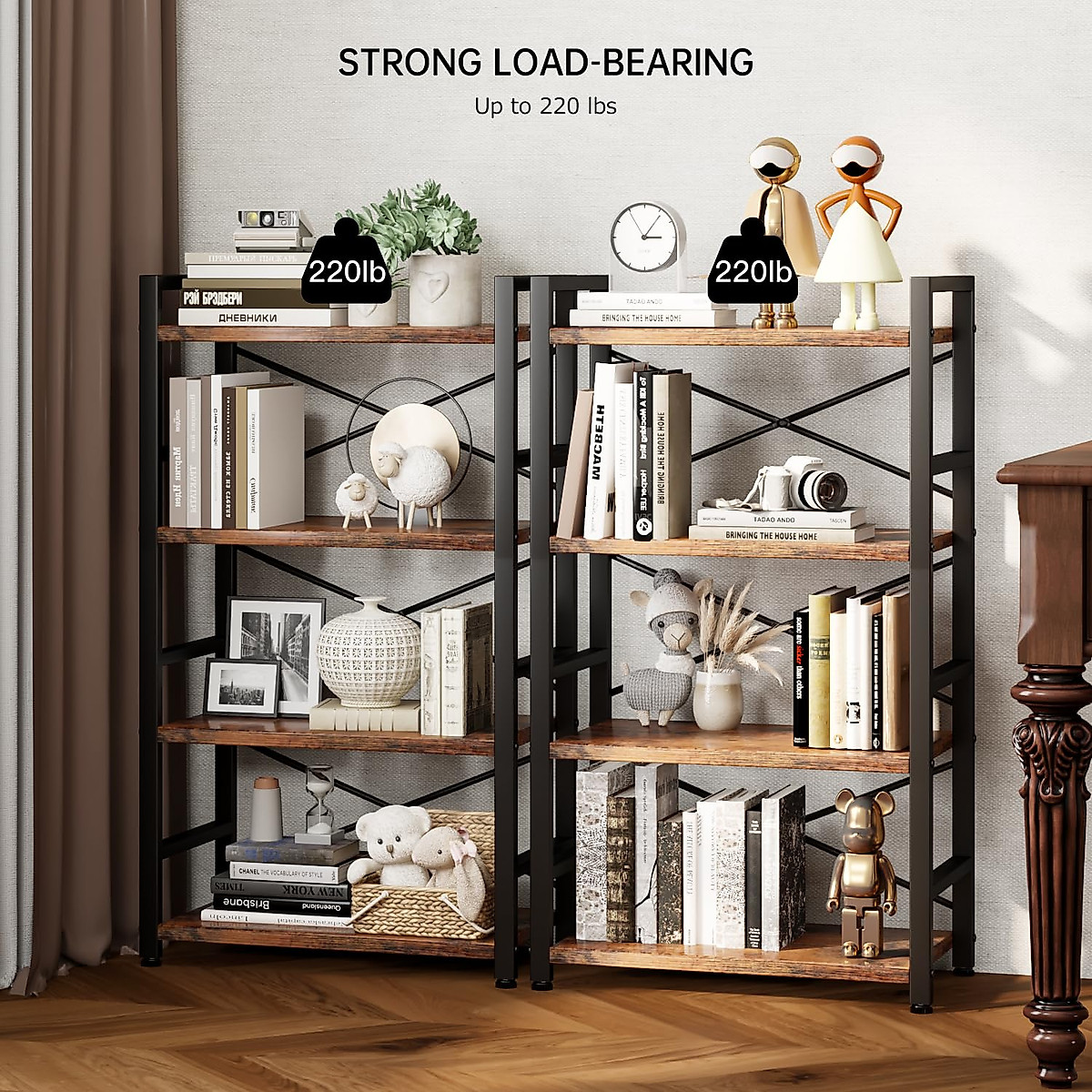 Homeiju Bookshelf, 4 Tier Small Bookcase, Organizers and Storage, Metal Small Bookcase, Rustic Book Shelf Organization and Storage for Living Room, Bedroom, and Home Office(Rustic Brown)