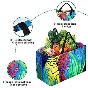 KQNZT Reusable Grocery Bags, Large Foldable Reusable Shopping Tote Bags Bulk for Groceries, Waterproof Kitchen Cloth Produce Bags with Long Handles, Oil Painting Artistic Peacock Feather
