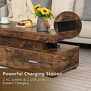 WEENFON LED Coffee Table, Smart Coffee Table with Charging Station, Lift Top, 21 Colors Change, 2 Tiers Modern Tea Table with Storage, Living Room Furniture, Rectangle Design, Rustic Brown