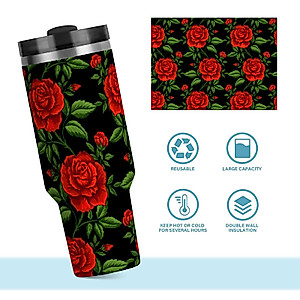 Yasala Car Tumbler with Handle Rose Leaves Travel Mug Coffee Cup Insulated Beverage Container Mega Cup for Hot Cold Drinking Thermos Water Bottle Cupholder Friendly 40 oz