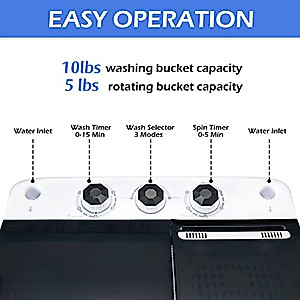 Homguava Portable Washing Machine 15Lbs Capacity Washer and Dryer Combo 2 In 1 Mini Compact Twin Tub Washing Machine Laundry Washer(10Lbs) & Spinner(5Lbs) with Built-in Gravity Drain Pump,Low Noise and Easy Store for Apartment,Dorms,RV Camping (black+whit