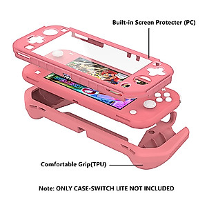 Protective Case for Nintendo Switch Lite, Switch Lite Case with Detachable Screen Protector Cover + Hand Grip Case Compatible with Nintendo Switch Lite 2019, Pink