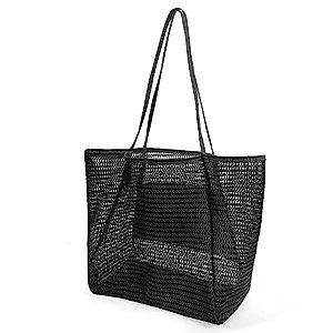 JUNP·GAN Beach Bag Mesh The Tote Bag, Womens Shoulder Handbag Casual Tote Bag Hobo Women Foldable MAX 23L For Beach Picnic Vacation Black