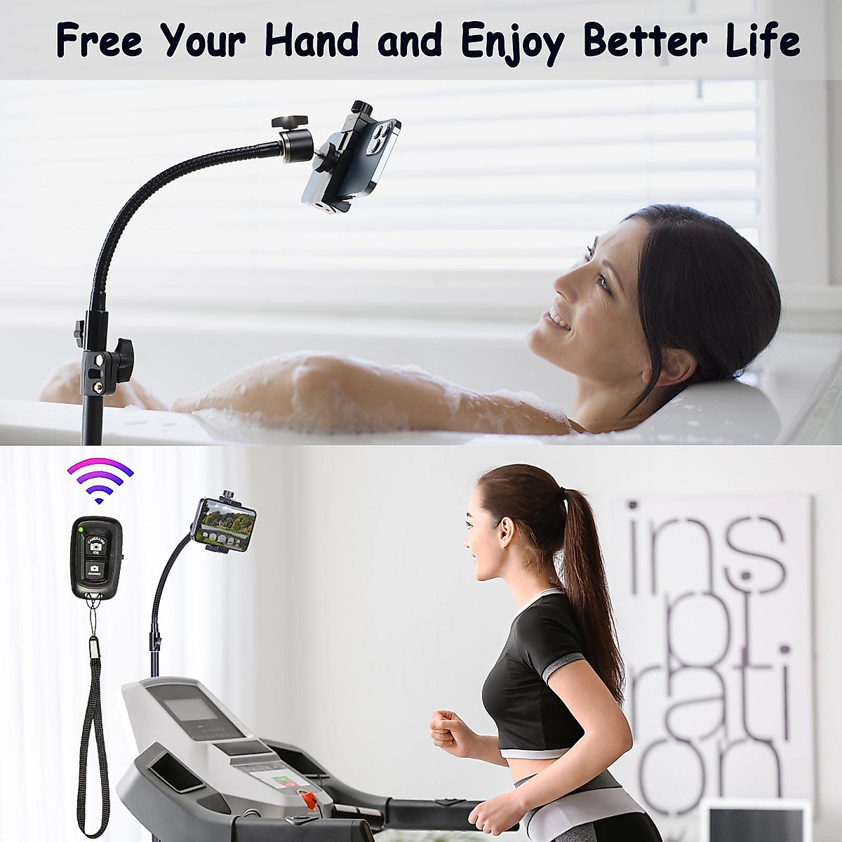 Phone Tripod, Phone Video Stand with Remote, Height Adjustable Ball Head, Gooseneck Phone Floor Holder for iPhone15, iPhone15 Plus, iPhone15 Pro, iPhone15 Pro Max, iPhone 14,14 Pro, Plus, 13, 12, 11