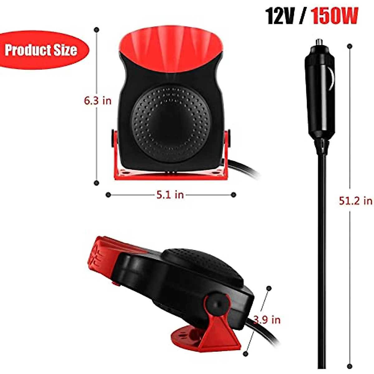 Car Heater 12V,2 in1 Fast Heating Defrost Defogger for Car Windshield, Portable Car Heater Defroster That Plugs into Cigarette Lighter with 180° Rotating Base, 150W Car Heating and Cooling Fan