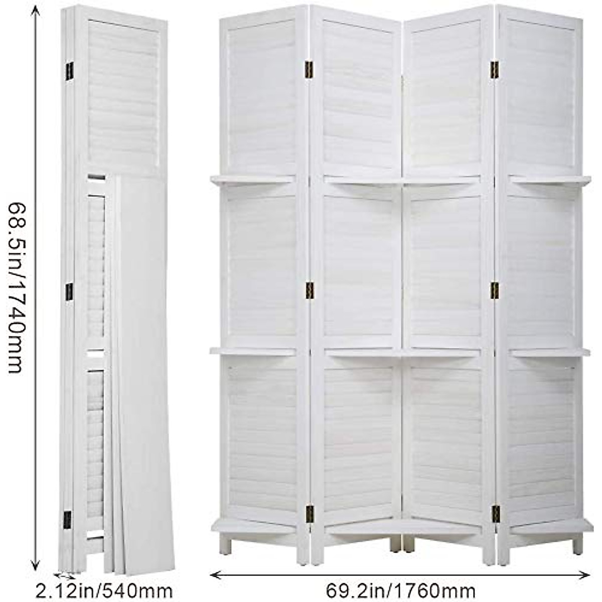 Room Dividers and Folding Privacy Screens 4 Panel 69 Inch Tall Portable Room Seperating Divider w/ 3 Display Shelves Solid Wood Room Partitions and Dividers Freestanding for Home, Office, Restaurant