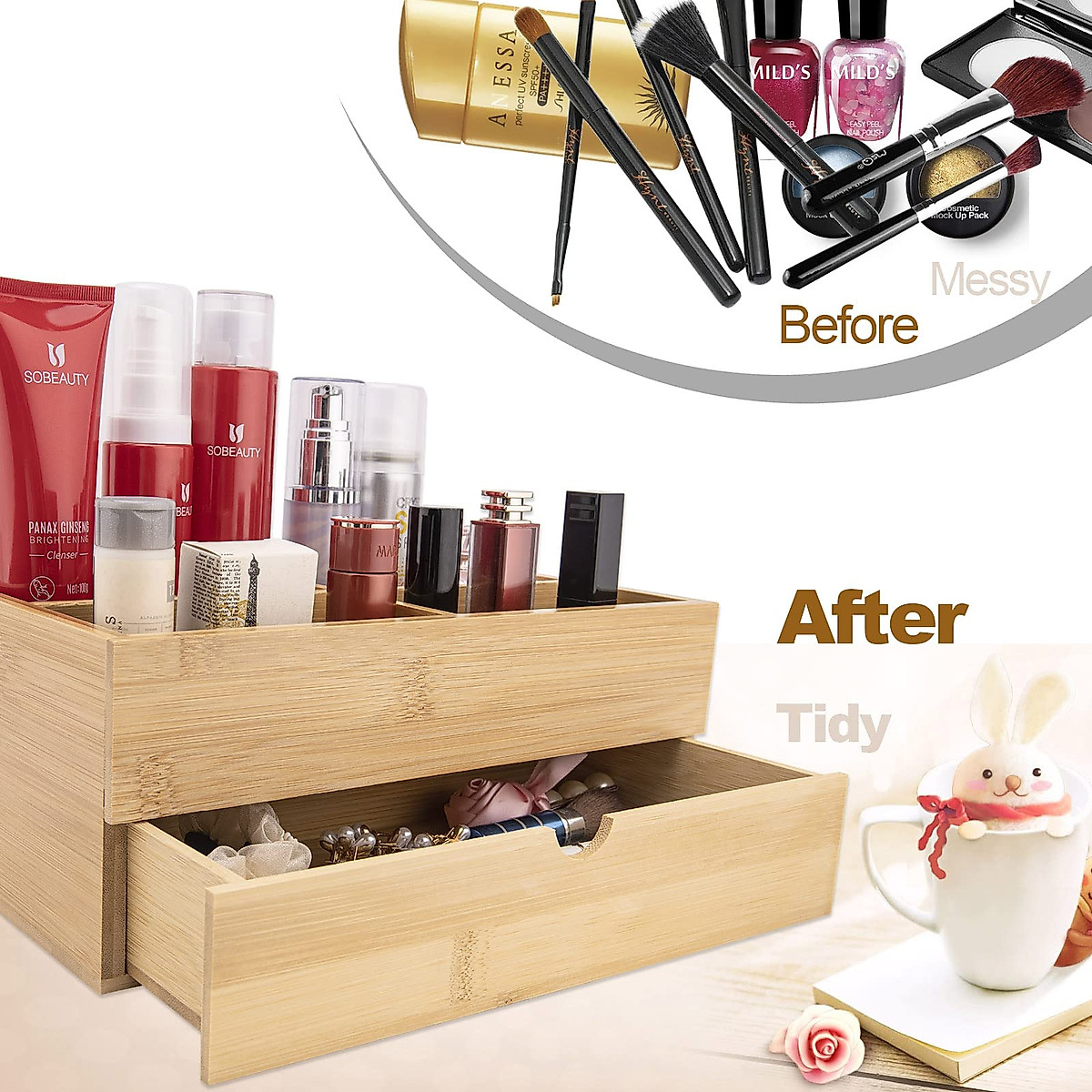 BOOTOP PIN Bamboo Makeup Organizer with Drawers for Countertop, Dresser, Bathroom Skincare