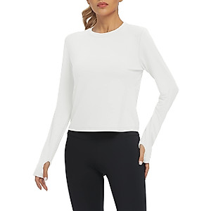 Bestisun Women's Workout Long Sleeve Athletic Wear Yoga Shirts Thumb Hole Sweatshirts Open Back Running Shirts Exercise Clothes White M