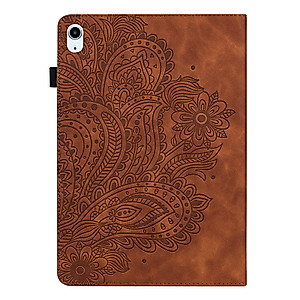 UUcovers for iPad 10th Generation Case 10.9 Inch 2022 with Pencil Holder/Pocket/Band/Embossed Floral Pattern/PU Leather/Soft TPU Wallet Folio Stand Magnetic Shockproof Cover, Brown Peacock Flower