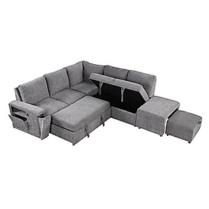 LUMISOL Sectional Sofa with Storage Space, 6 Seat Modular Couch with Cup Holders on The Armrests and USB Ports, L-Shaped Indoor Funiture with Ottoman and Pull-Out Structure for Living Room, Gray