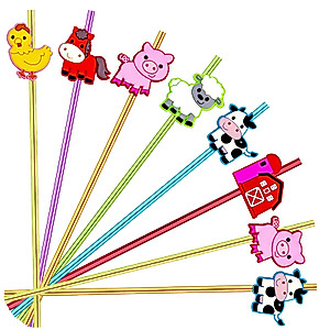 24pcs Reusable Farm Animals Party Favor Plastic Straws Kids Drink Cocktail Straws Chicken Sheep Horse Cow Pig Farm Birthday Party Supplies With 2 Cleaning Brushes 6 Colors