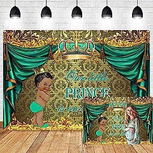 Renaiss 5x3ft Prince Baby Shower Backdrop Royal Green Curtain Gold Crown Photography Background Our Litlle Prince is on The Way Banner Newborn Boy Gender Reveal Party Decor Photo Studio Booth Props