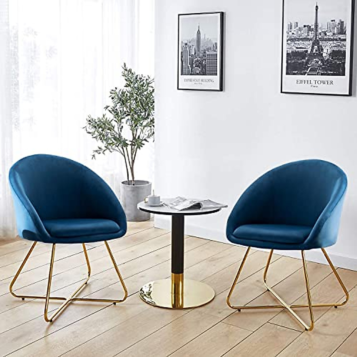 Altrobene Modern Accent Chair, Velvet Dining Chair Set, Living Room Bedroom Kitchen Arm Chair, Golden Finished, Set of 2, Navy Blue