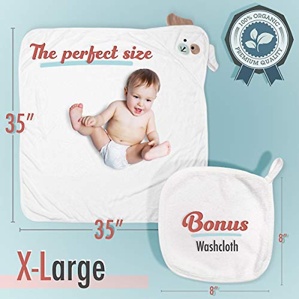 FOREVERPURE Baby Gift Hooded Towel 100% Organic Bamboo Cotton, Super Absorbent, for Boys and Girls. Ultra Soft, X-Large, 35 x 35 inches. Perfect with Washcloth and Greeting Card (White)