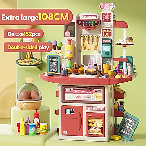 BeiBeGood Play Kitchen- Kitchen Playset Pretend Food - Toy Accessories Set w/Noodle Machine, Ice Machine, Cooking Stove with Steam, 88 PCS for Toddlers Kids 43 inch, Girls & Boys-Pink（3-5 Years）, Red