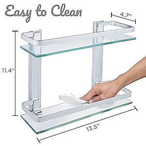 Comfecto 2 Tier Bathroom Glass Shelves, Wall Mounted Tempered Glass Shelf Organizer Storage Holder with 14 Inch Rectangular Glass 8mm Thick, and Aluminum Rail for Shower Lavatory, Hardware Included