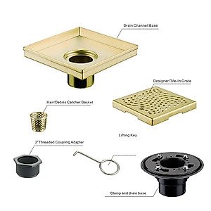 Gold Brushed Shower Drain with Flange, HIDROP SUS 304 Stainless Steel 6 inch Square Shower Floor Drain with Removable Hair Strainer