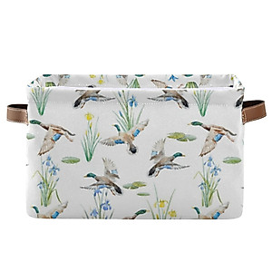 Oyihfvs Flying Mallard Ducks Yellow Blue Iris Lotus with Leaves on White 1 PC Rectangle Storage Basket Collapsible Fabric with Leather Handles Bag Organizer Clothes for Home Bedroom 15 x 11 x 9.5 in