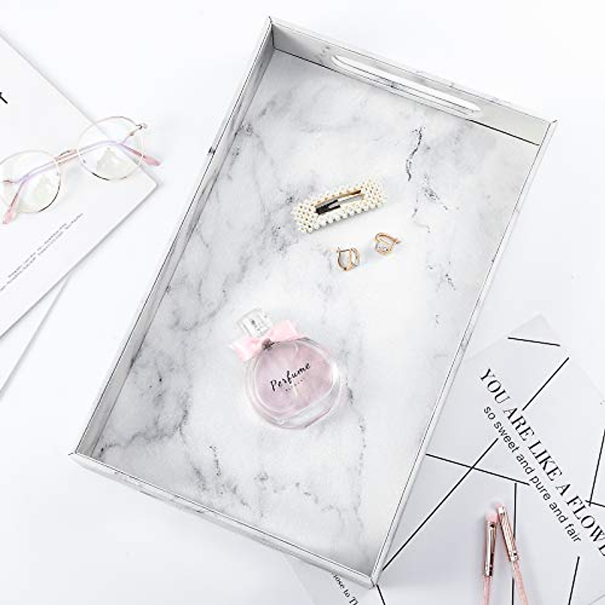 Lewondr Serving Tray with Wide Handles, PU Leather Ottoman Cofee Table Serving Tray, 14.96"x9.45"x1.97" Decorative Tray for Perfume Cosmetic Jewelry Key, Countertop Storage Organizer - Marble White