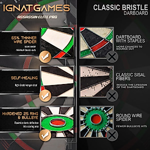 IgnatGames Dart Board Professional- Competition Size Kenyan Sisal Dart Board for Adults - Staple-Free Ultra-Thin Wire Spider Dartboard + Accessories & SnapFit Dartboard Mounting Bracket